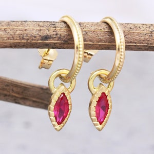 Gold Ruby Earrings, Gold Hoop Earrings, Solid Gold Earrings, Marquise Earrings, Pendant Hoops ...