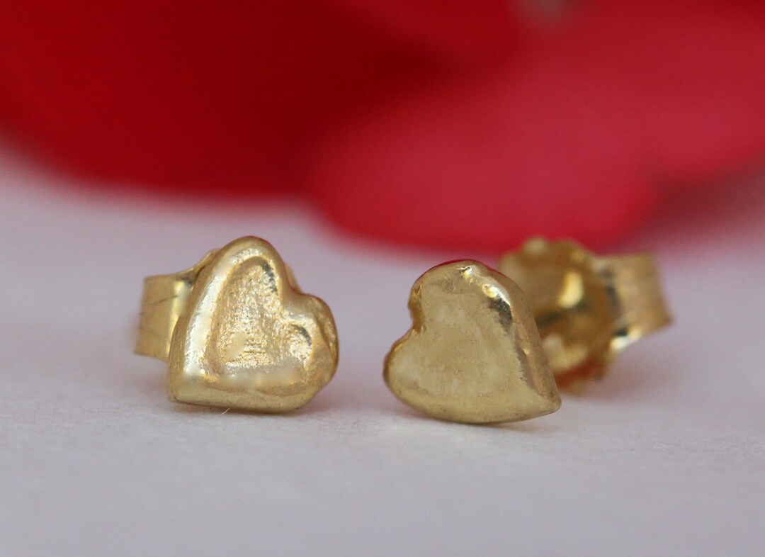 Gold Heart Earrings, Tiny Gold Earrings, Gold Post Earrings, Solid Gold ...
