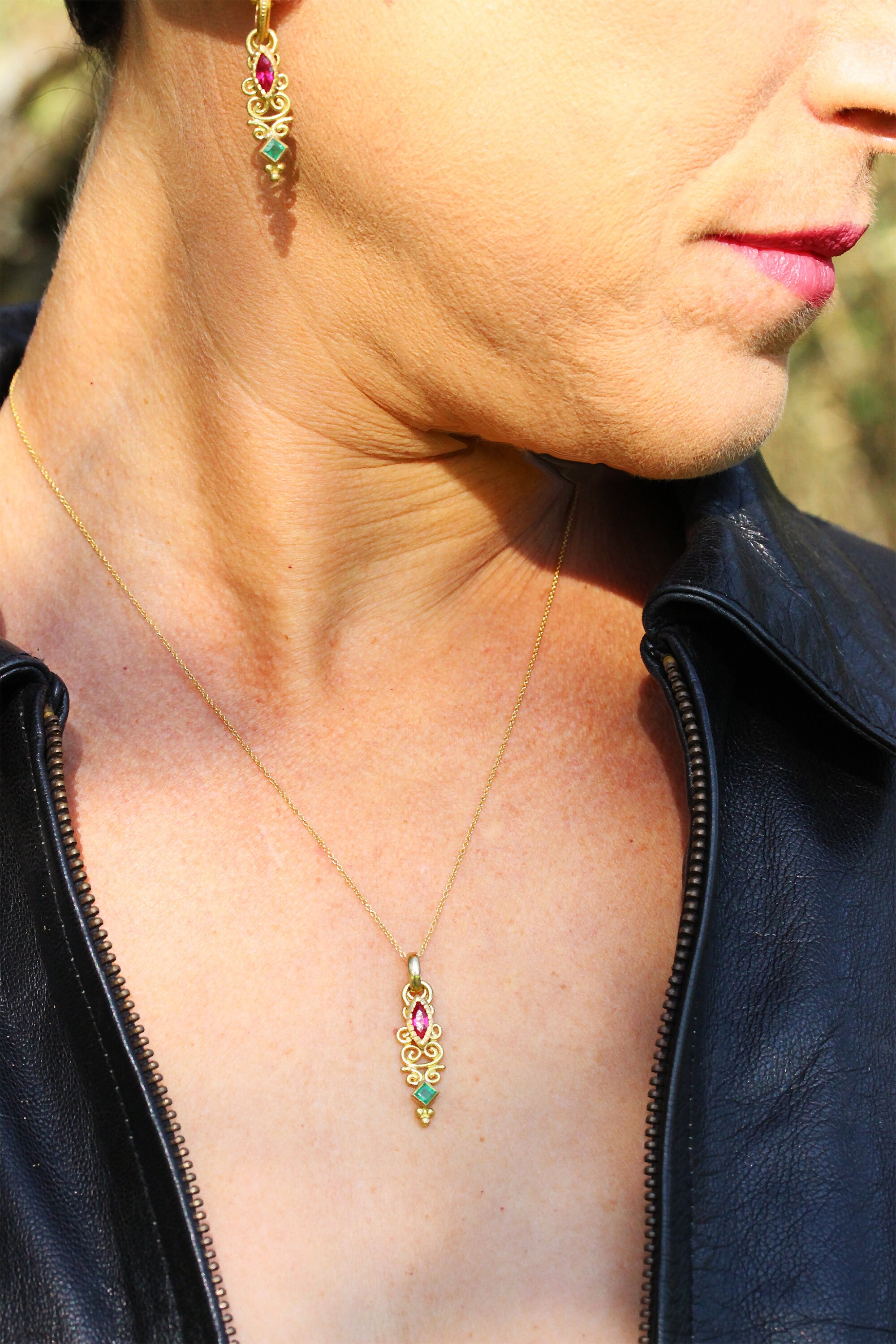Gold Pendant Necklace, Two Pendant Necklace, Ruby Necklace, Emerald ...