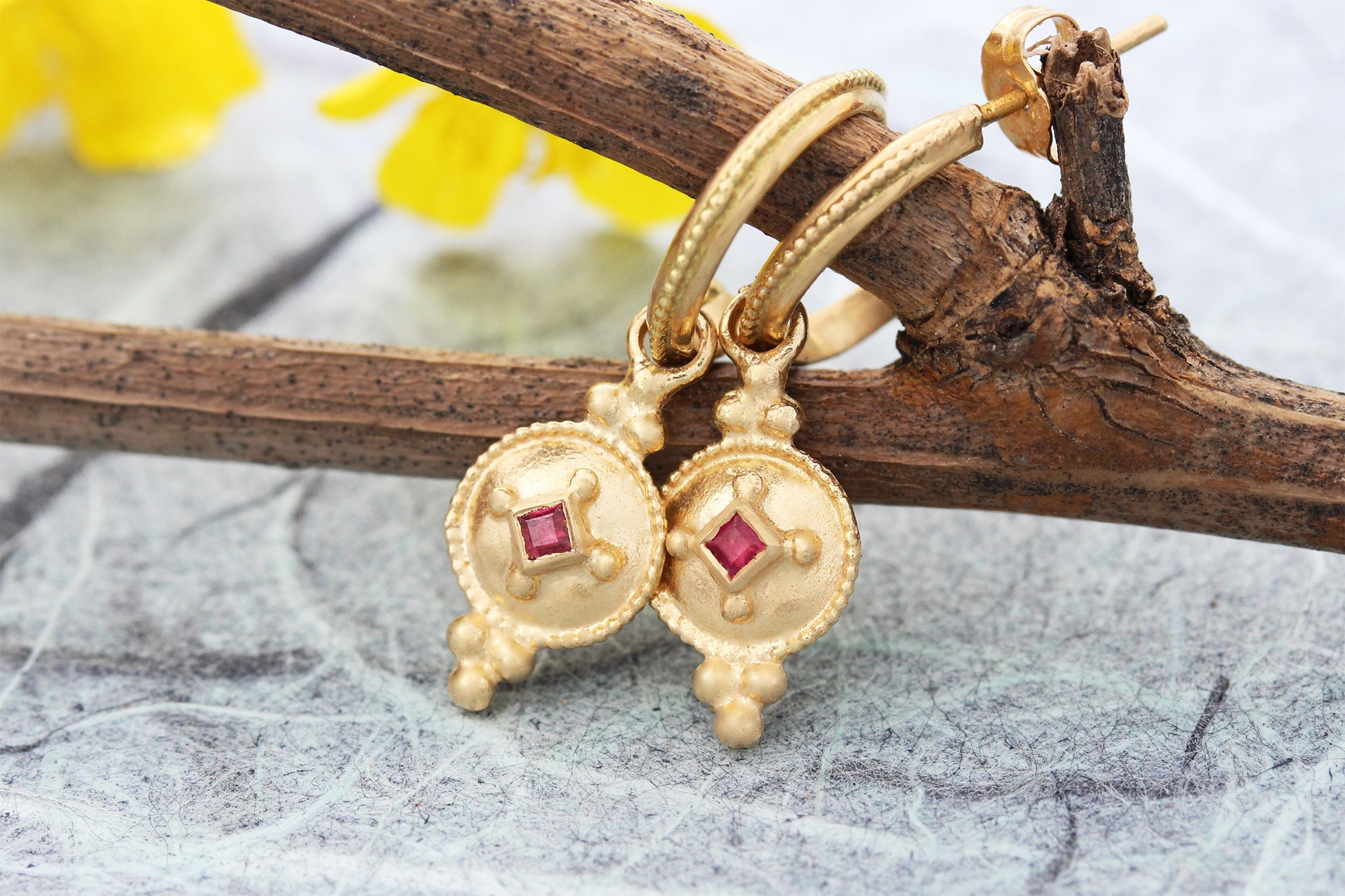 Gold Ruby Earrings, Gold Hoop Earrings, Solid Gold Earrings, Pendant Hoops, Boho Earrings ...