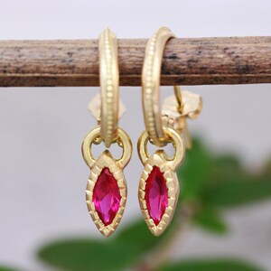 Gold Ruby Earrings, Gold Hoop Earrings, Solid Gold Earrings, Marquise Earrings, Pendant Hoops ...