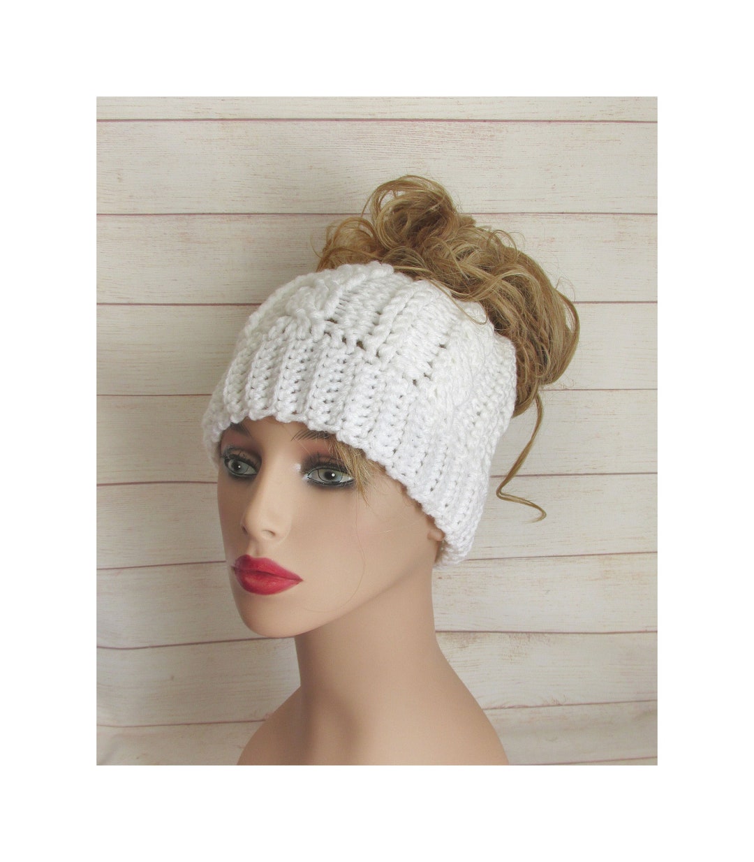 Crocheted Messy Bun Hat, Crochet Cable Bun Hat, Hat Messy Bun, Ponytail ...
