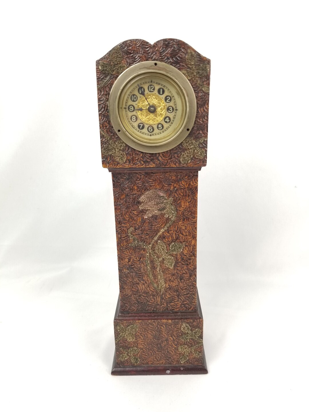 Miniature Grandfather Clock 12" Great Britain Flemish Pyrography Wood ...