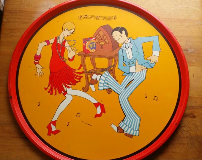 Ritz Cracker Tray // Tin Litho Round Serving Platter // Bright Orange ...