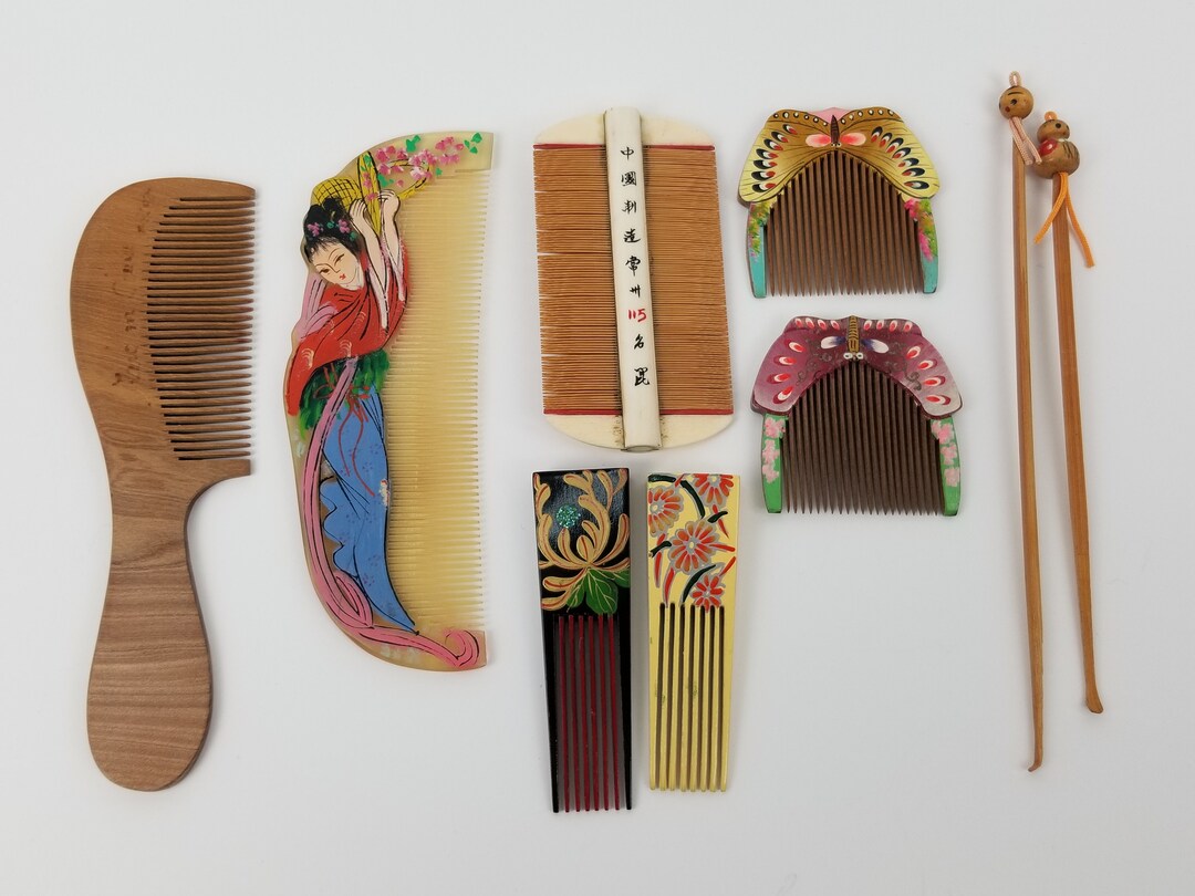 Asian Love Bridal Hair Combs Figural Chinese Lacquer Bone Wood Wooden ...