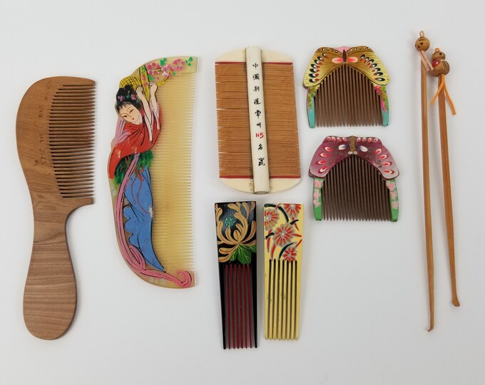 Asian Love Bridal Hair Combs Figural Chinese Lacquer Bone Wood Wooden ...