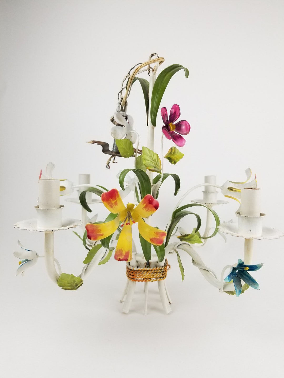 Cottagecore Flower Chandelier Italian Toleware Hanging Light Florentine ...