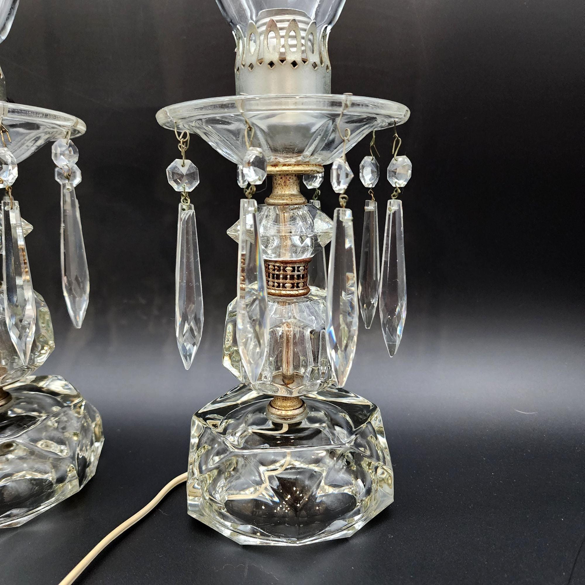 1920s Glass Prism Hurricane Mantel Lamps Antique Victorian Home Accent ...
