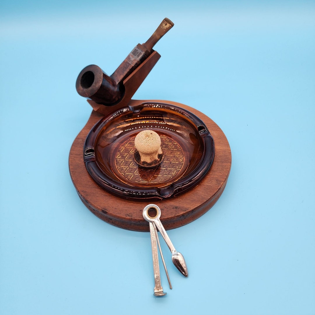 Vintage Walnut Wood Amber Glass Ashtray With Pipe Holder, Pipe Stone ...