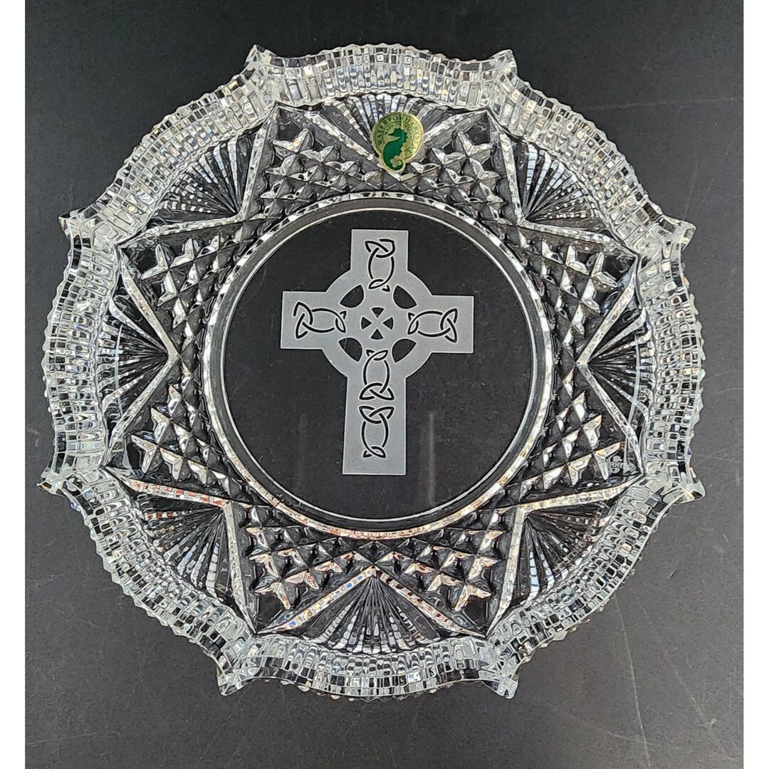 Waterford Crystal Irish Celtic Cross Low Bowl Round Glass Tray 1980s Crystal Decorative ...