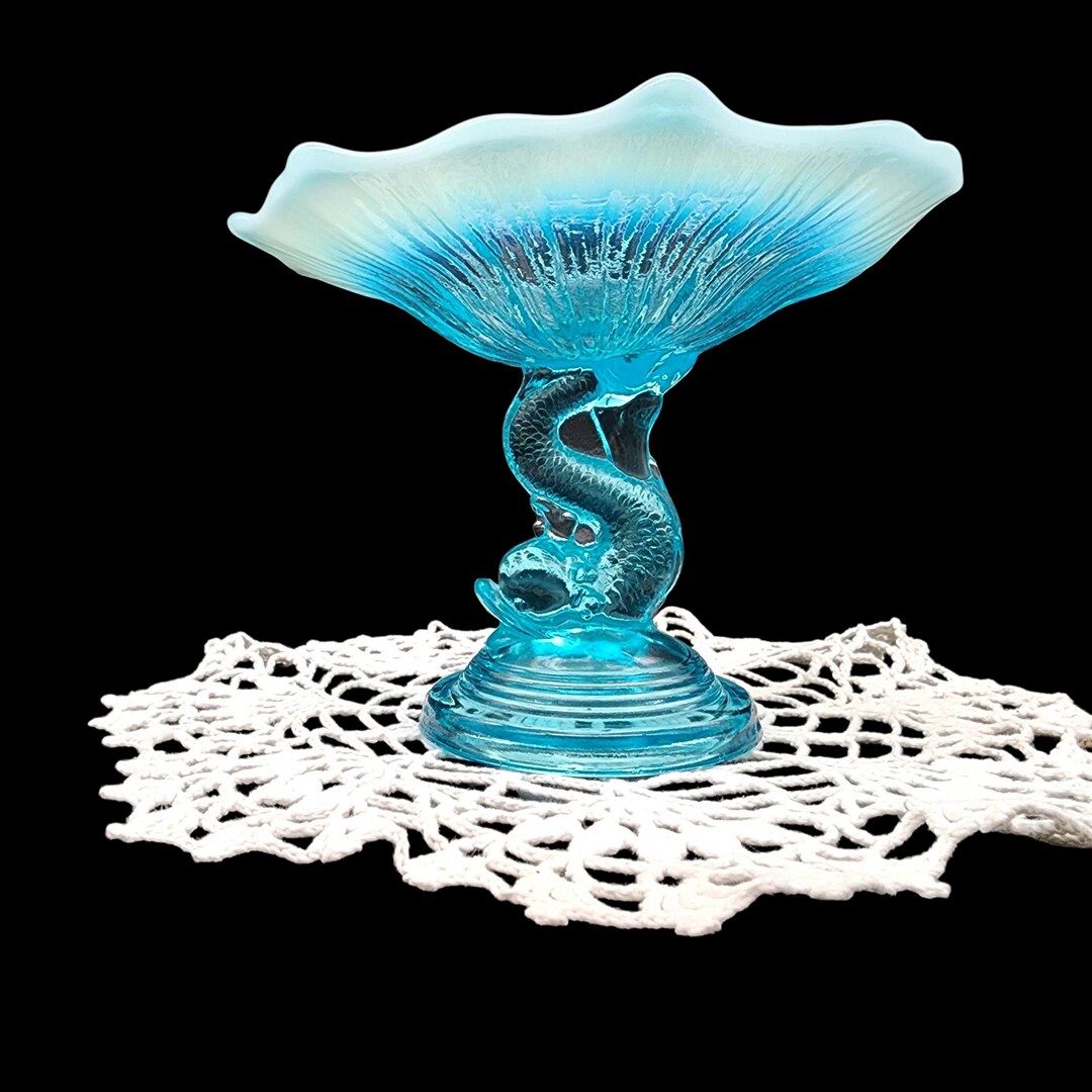 Northwood Antique Aqua Opal Opalescent Nautical Dolphin Pedestal Small ...