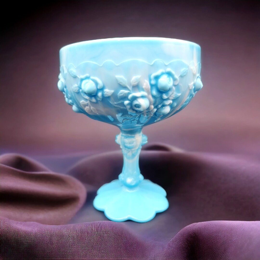 Fenton Slag Glass 'cabbage Rose' Satin Blue & White Slag Glass Compote ...