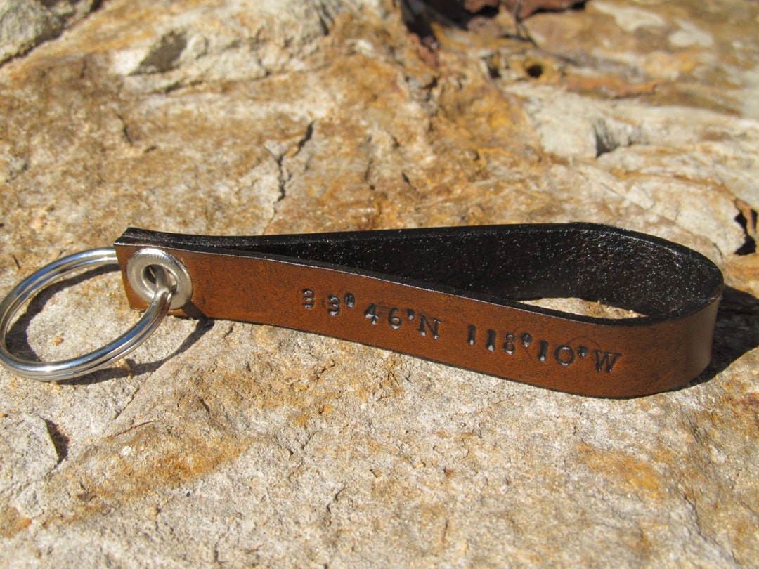 Longitude Latitude Keychain Custom - Loop Tooled Leather Keychain ...