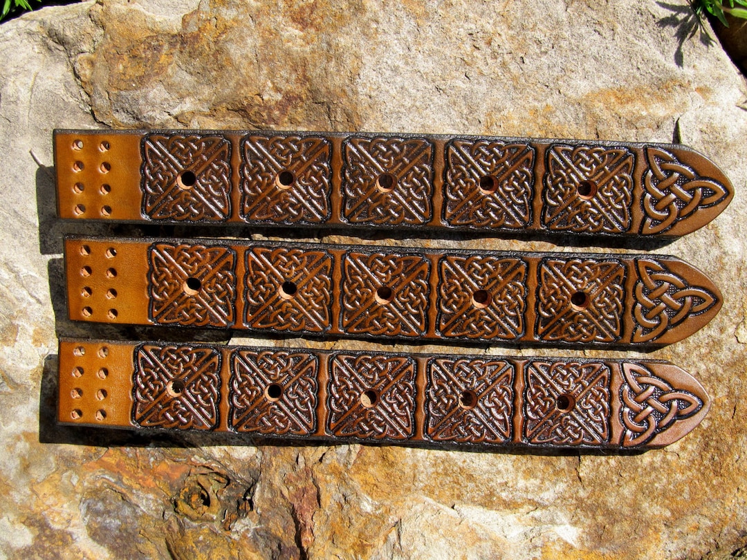 Leather Kilt Straps - Set of 3 - Hand Tooled - Black or Brown - 1 Inch ...