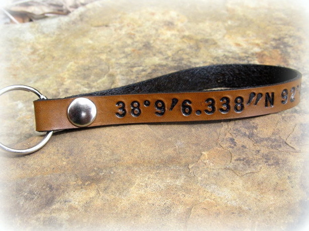 Custom Coordinates Leather Keychain, Personalized Snap Key Fob Keychain ...