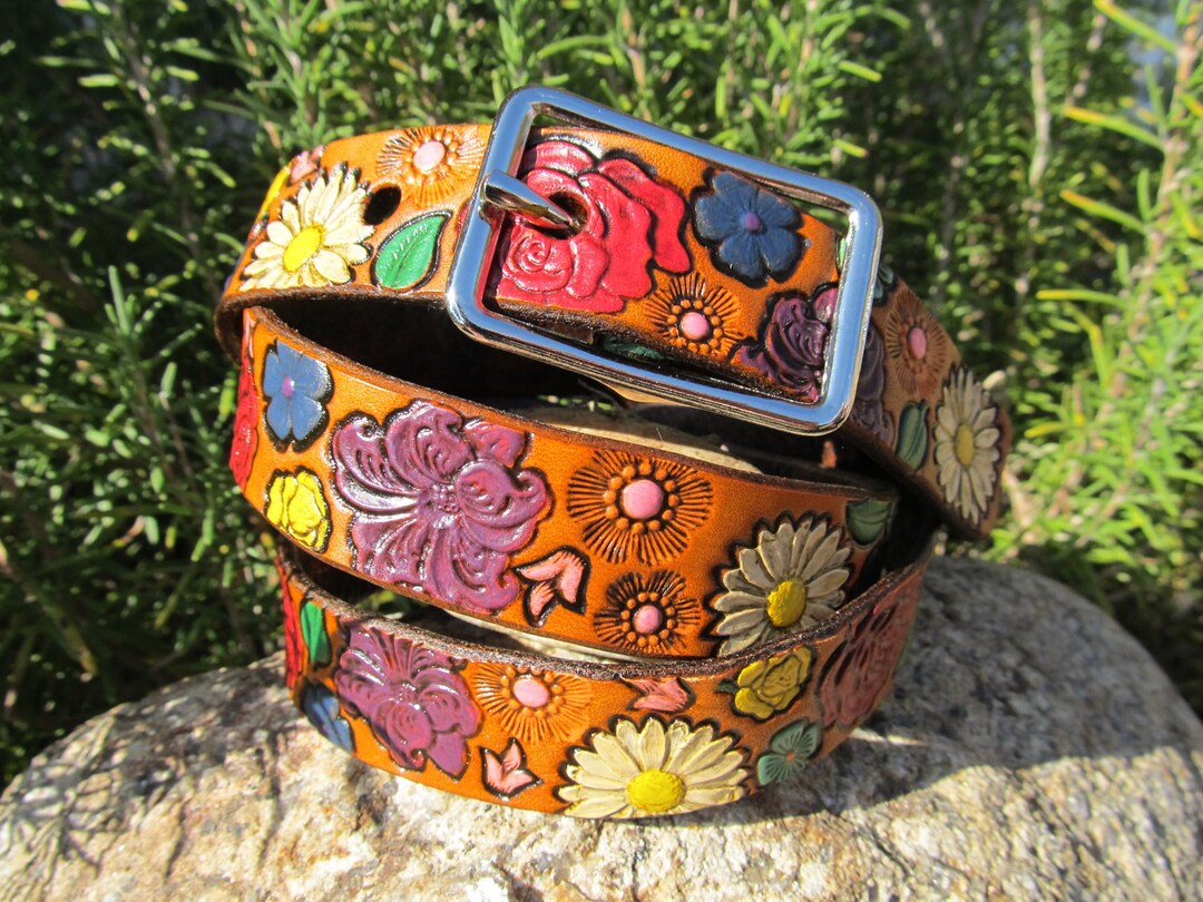 Hand Painted Tooled Leather Collar - Beautiful Flowers - 1 Inch Wide ...