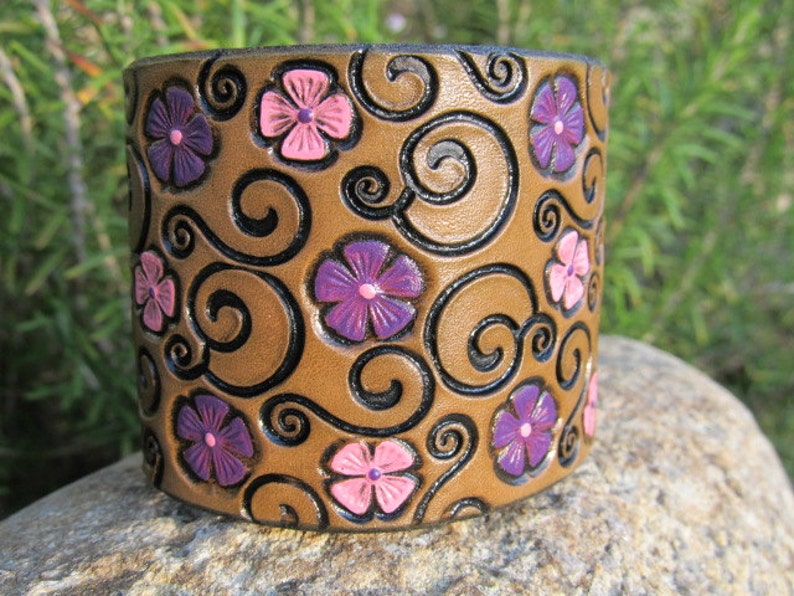 Leather Bracelet for Women Wide Scroll Flower Womens Leather - Etsy