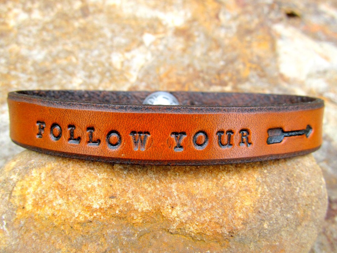 Mens Womens Custom Leather Bracelet Cuff Personalized Follow Your Arrow ...