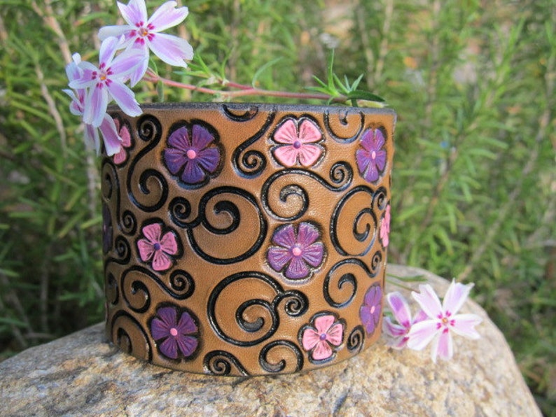 Leather Bracelet for Women Wide Scroll Flower Womens Leather | Etsy
