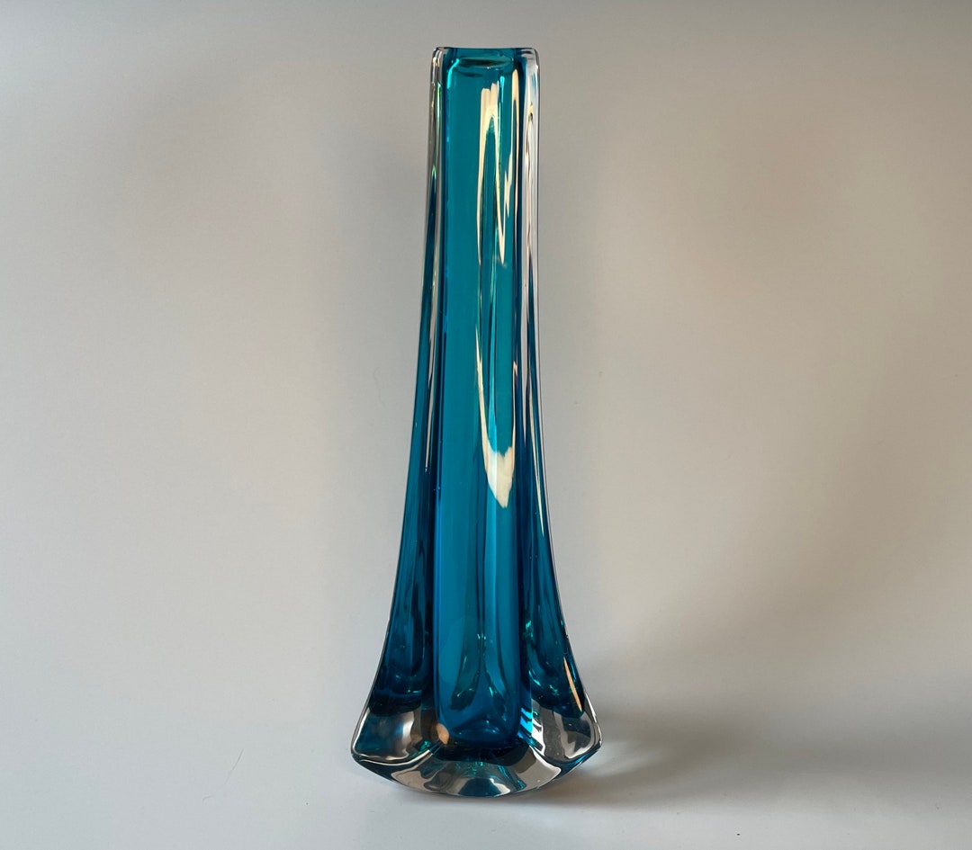 Whitefriars Kingfisher Blue and Clear Tricorn Glass Vase Geoffrey ...