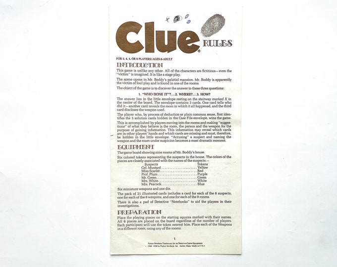 Vintage Clue Game Instructions | 1972 | Vintage Clue Game | Clue Game ...