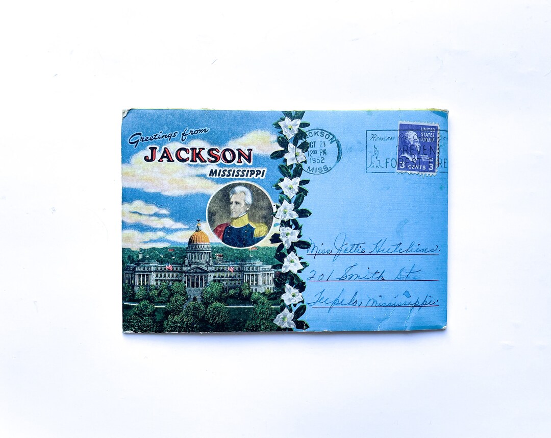 3 Cent Jefferson Stamp on Jackson Mississippi Fold Out Postcard ...