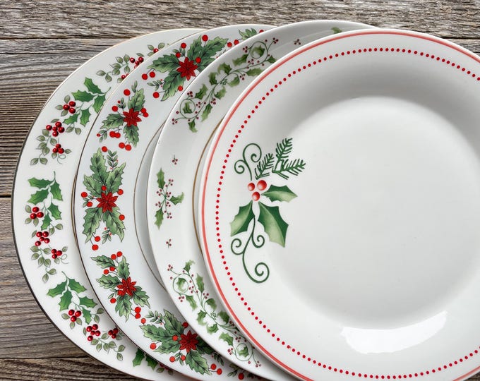 Christmas Dinner Plates Mismatch Set of 4 | Poinsettia | Dinner Plates ...