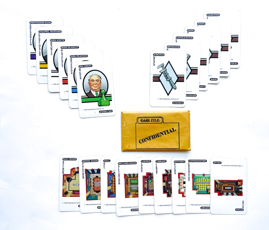Vintage Clue Cards 1986 Complete Set Vintage Clue Suspects Rooms Weapon ...