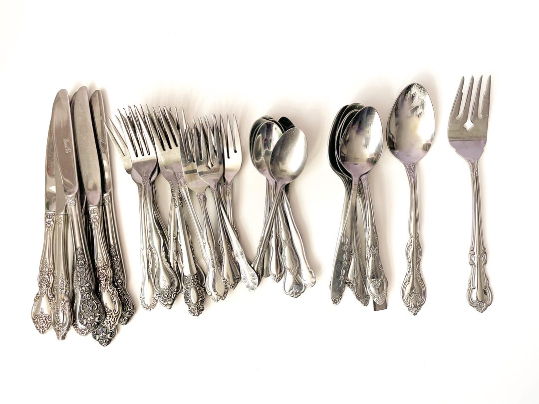 Mismatch Mid Century Floral Stainless Steel Silverware Mixed Set of 8 ...