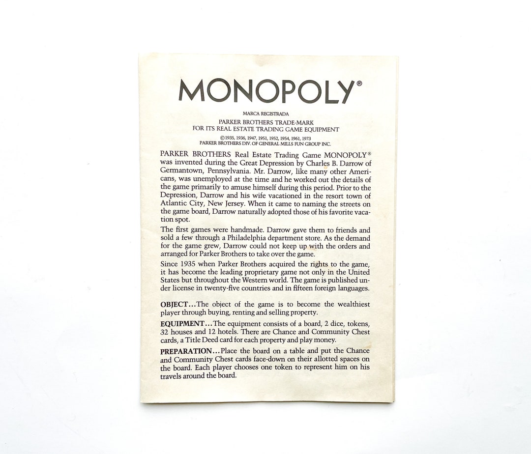 Vintage Monopoly Game Instructions Vintage Monopoly Game - Etsy
