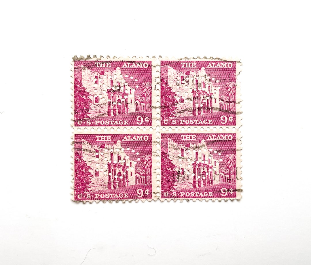The Alamo 9 Cent US Postage Stamp Block (set of 4) | Vintage Canceled ...