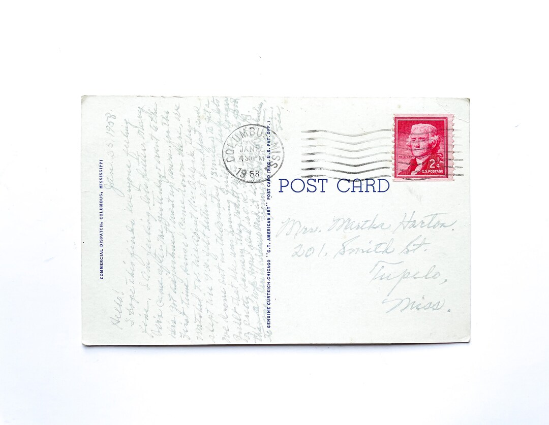 2 Cent Jefferson Stamp in Columbus Mississippi Postcard | Postmark 1958 ...