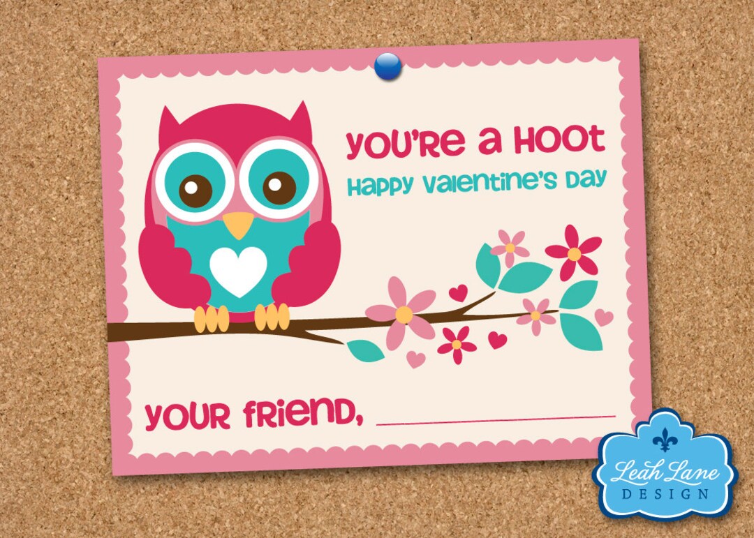 Owl Classroom Valentine Card - Printable Valentine's Day Card - Girl's ...