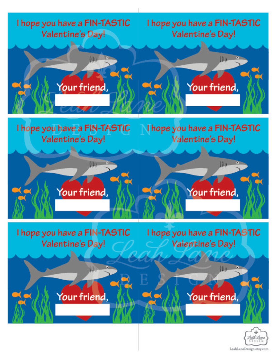 Shark Classroom Valentine Card Printable Valentine's Day Card Kids ...