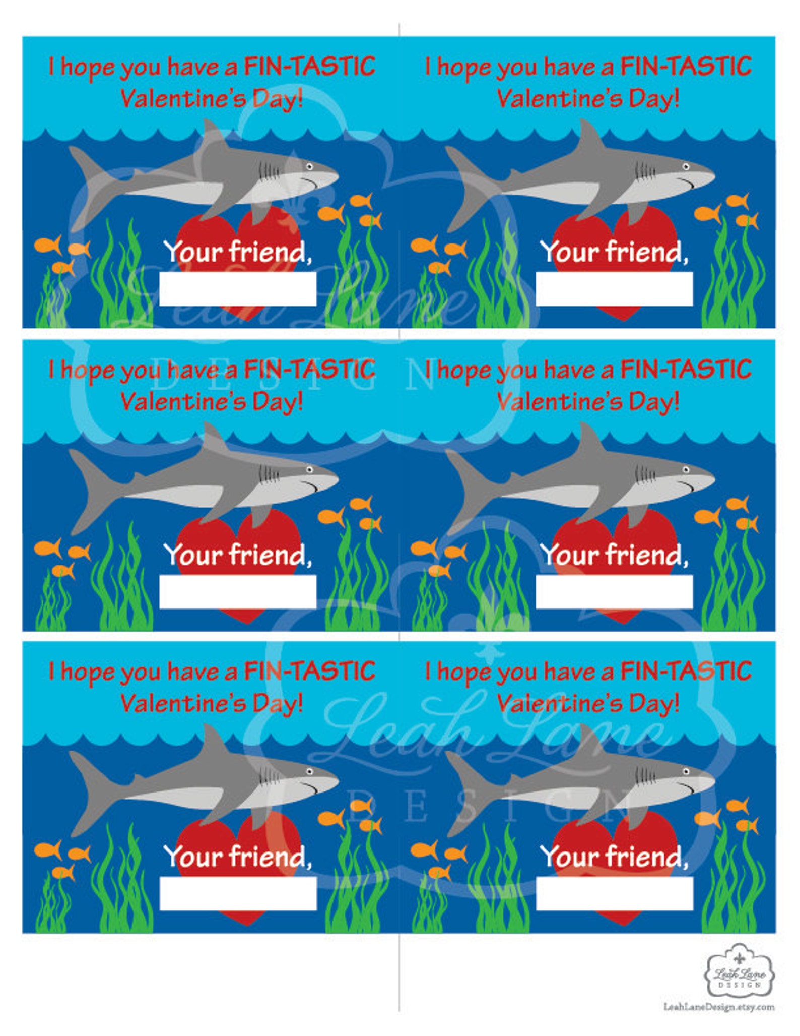 Shark Classroom Valentine Card Printable Valentine's Day Card Kids ...