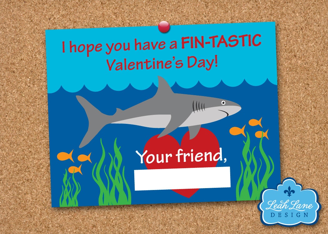 Shark Classroom Valentine Card Printable Valentine's Day Card Kids ...