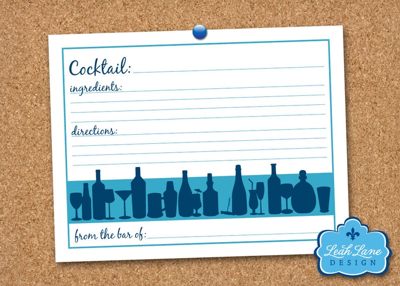 Cocktail Recipe Cards - Stock the Bar - Couples Shower - Blue - INSTANT ...