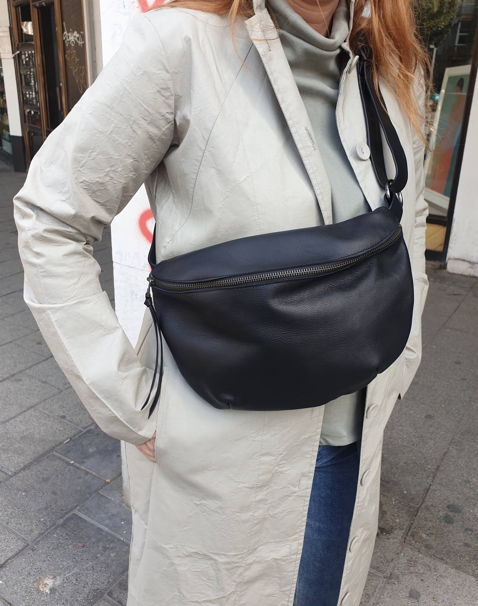 Black Leather Fanny Pack, Black Leather Bum Bag, Large Fanny Pack ...