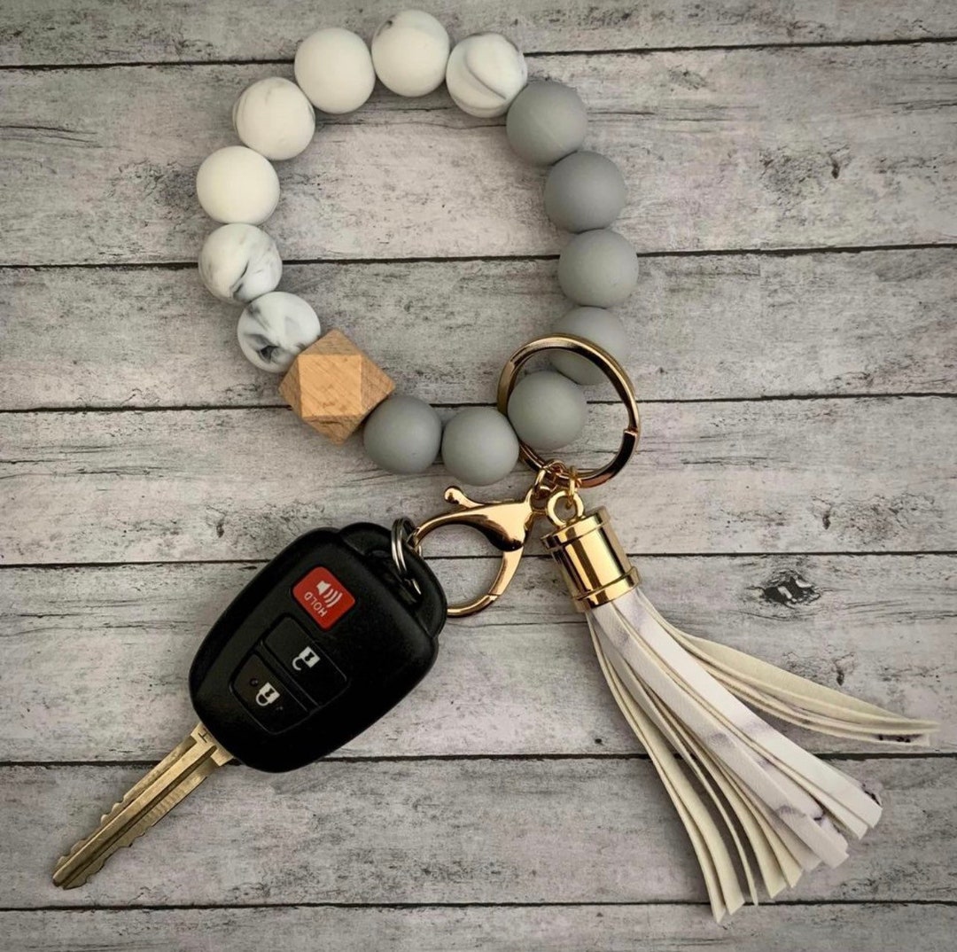 Keychain Bracelet, Gray White Marble Silicone Beads, Keychain Wristlet ...
