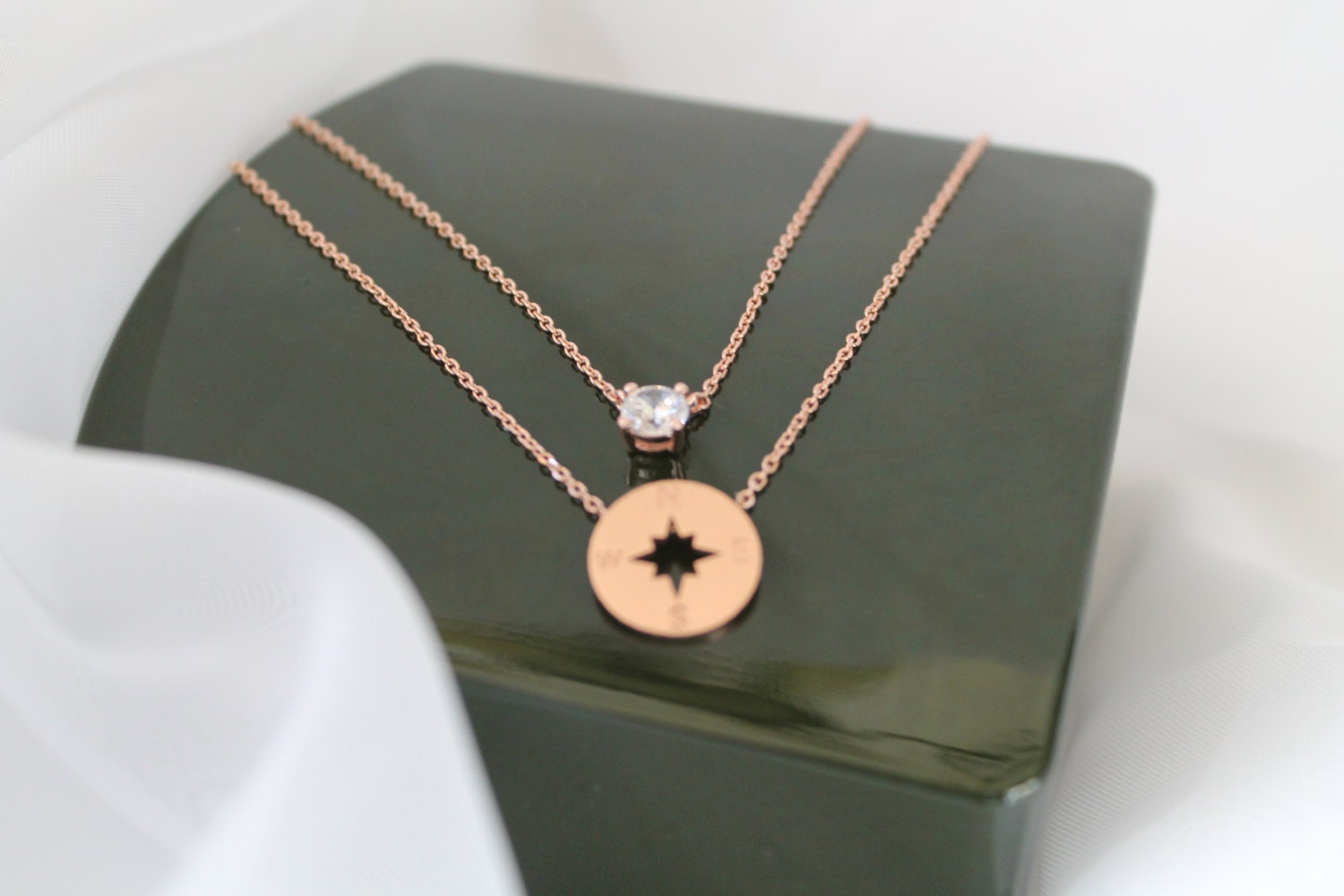 Double Layered Chain Necklace in Gold/silver/rose Gold, Solitaire Cubic ...