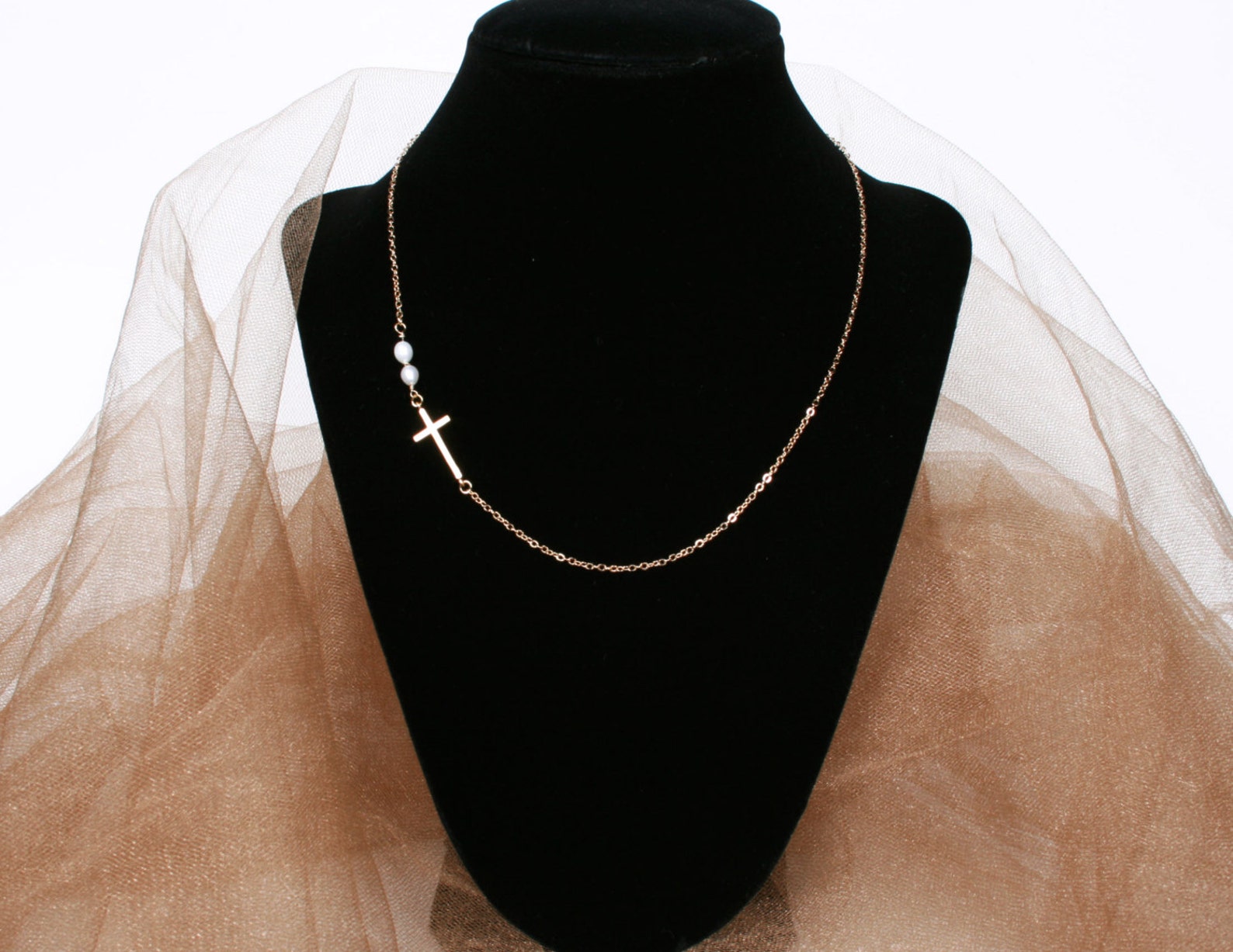 Sideways Cross With Fresh Water Pearl Necklace, Gold Filled or Sterling ...