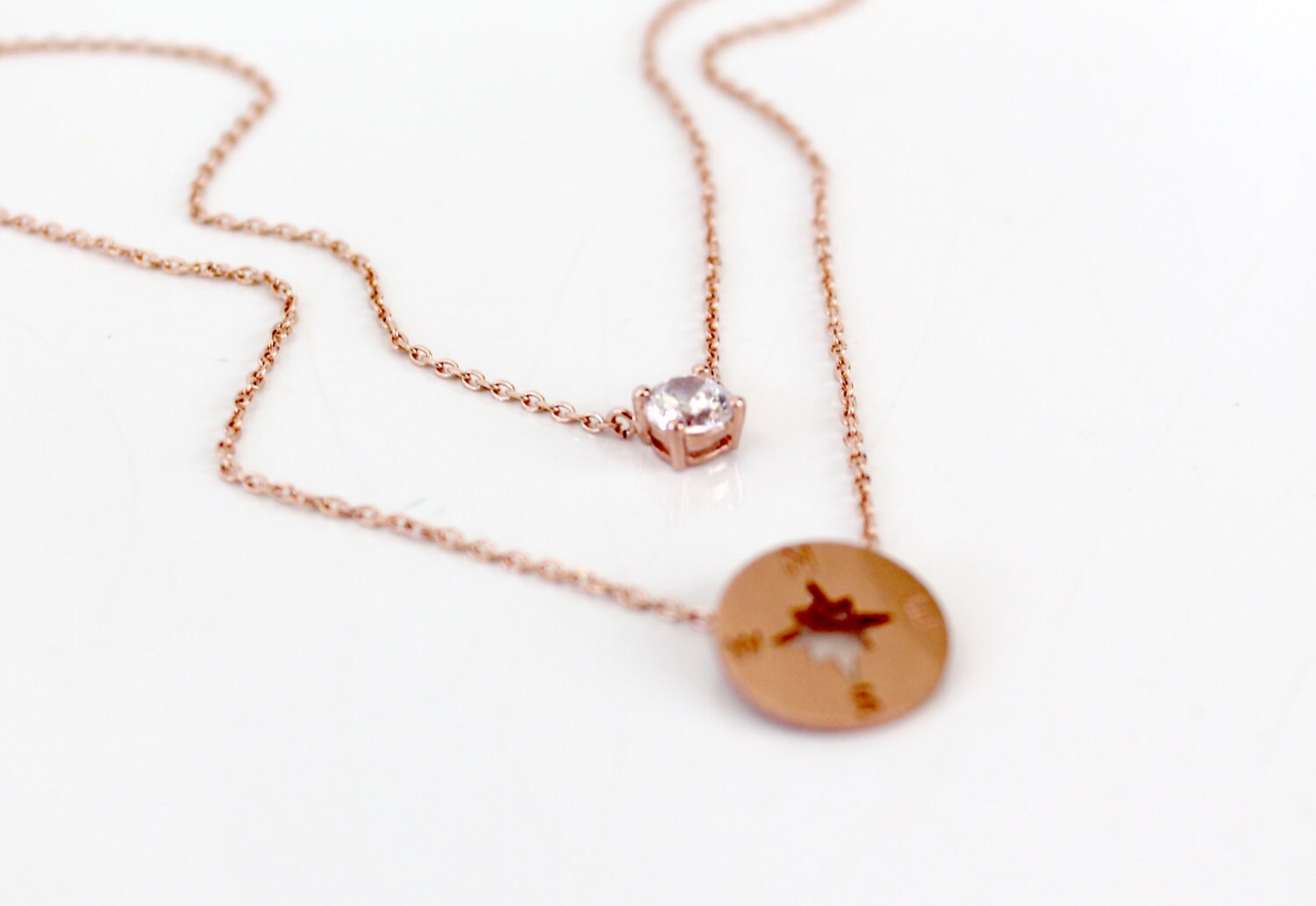Double Layered Chain Necklace in Gold/silver/rose Gold, Solitaire Cubic ...