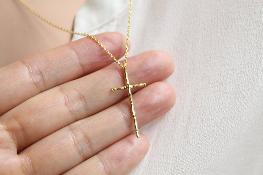 Textured Cross Pendant Necklace, Gold or Silver Rugged Wood Cross ...