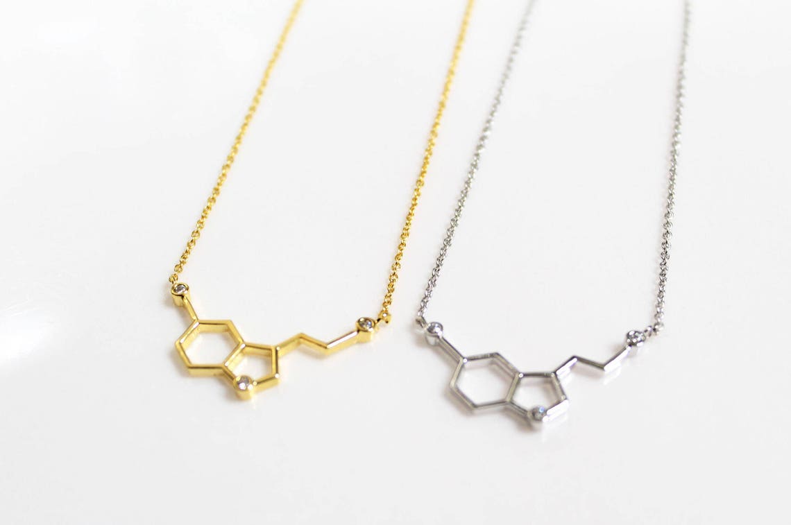 Serotonin Molecule Necklace in Gold and Silver, Healing Necklace ...