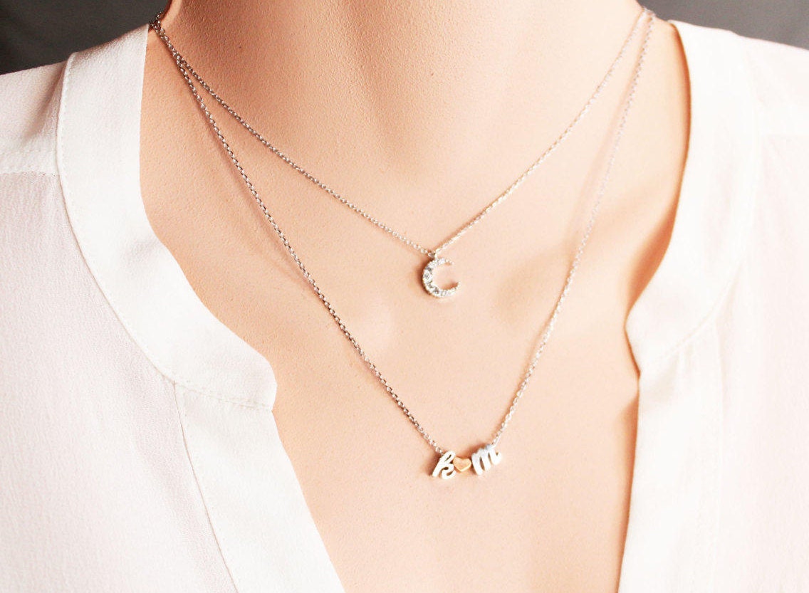 Moon Necklace, .925 Sterling Silver Chain, Cubic Zirconia Crescent Moon ...