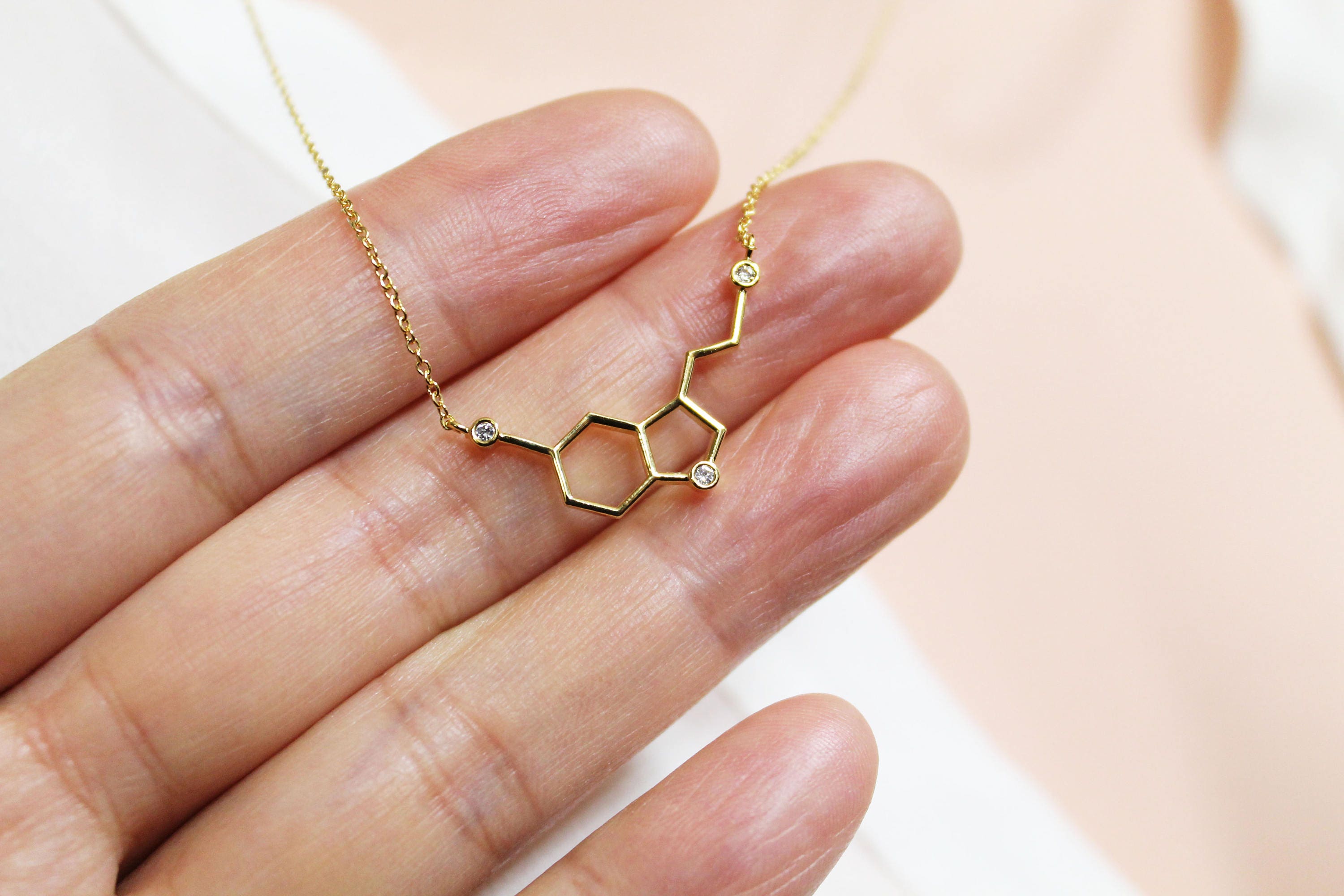 Serotonin Molecule Necklace in Gold and Silver, Healing Necklace ...