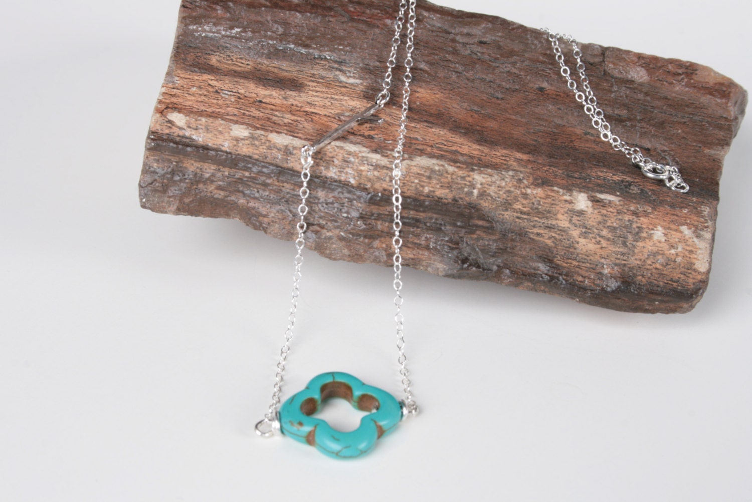 Turquoise Clover With Sideways Cross Necklace, 4 Leaf Clover Necklace ...