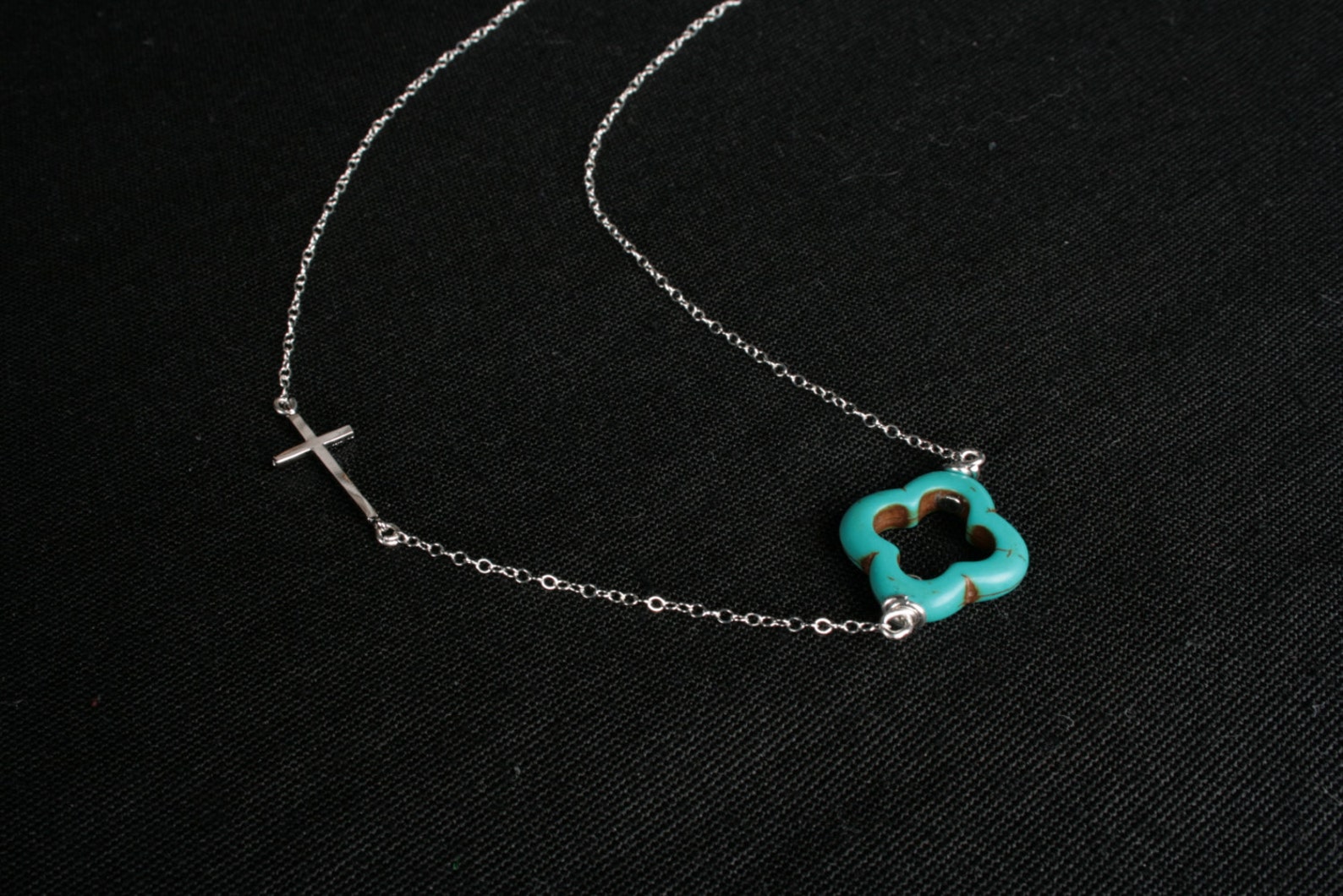 Turquoise Clover With Sideways Cross Necklace, 4 Leaf Clover Necklace ...