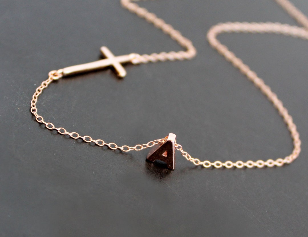 Sideways Cross With Initial Necklace, off Center Cross Necklace, Gold ...
