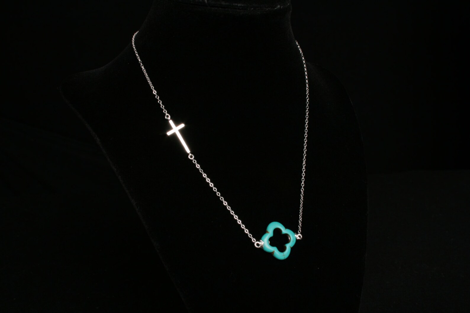 Turquoise Clover With Sideways Cross Necklace, 4 Leaf Clover Necklace ...